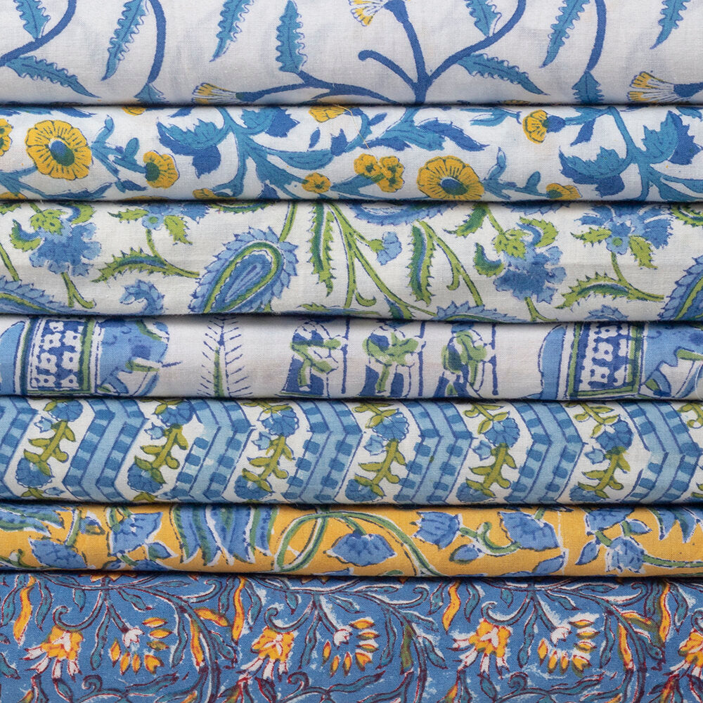 Moghul Blockprint Fabric, Blue/Yellow Patterns – Cargo Inc.
